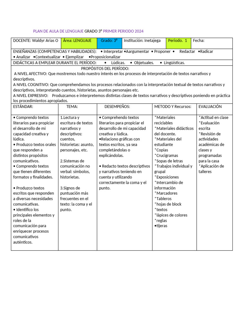 Plan de Aula de Lenguaje Grado 3 2024 | PDF | Comunicación | Maestros