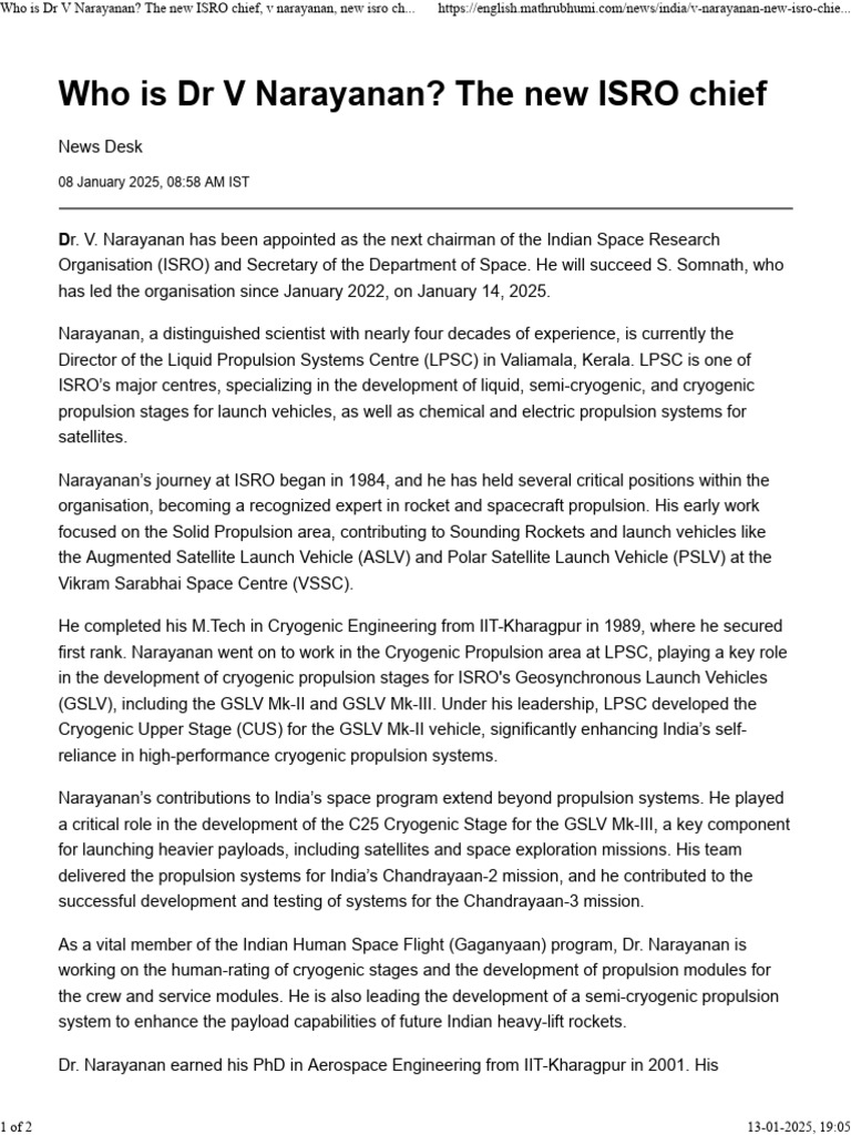 Who Is DR V Narayanan - The New ISRO Chief, V Narayanan, New Isro Chief ...