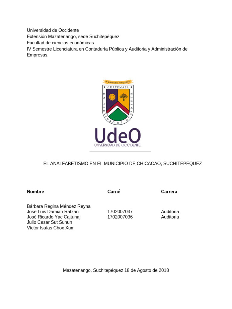 Analfabetismo en Chicacao, Suchitepéquez | PDF
