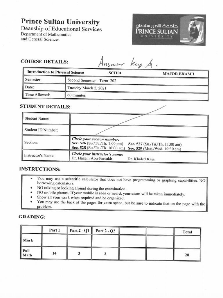 SCI101 Major1 202 Key PDF | PDF
