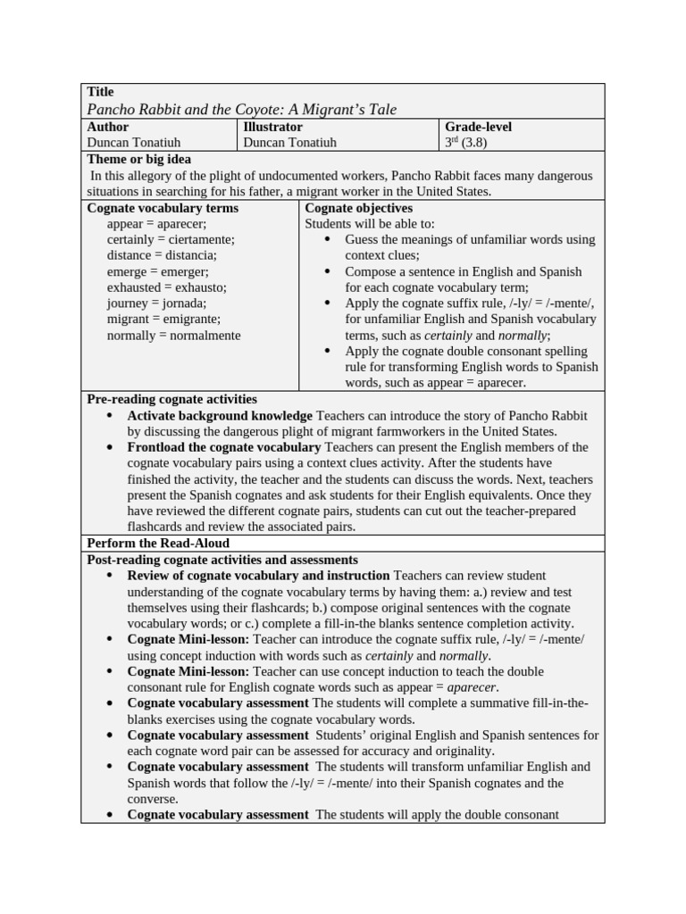 Pancho Rabbit Lesson Plan | PDF | Vocabulary | English Language