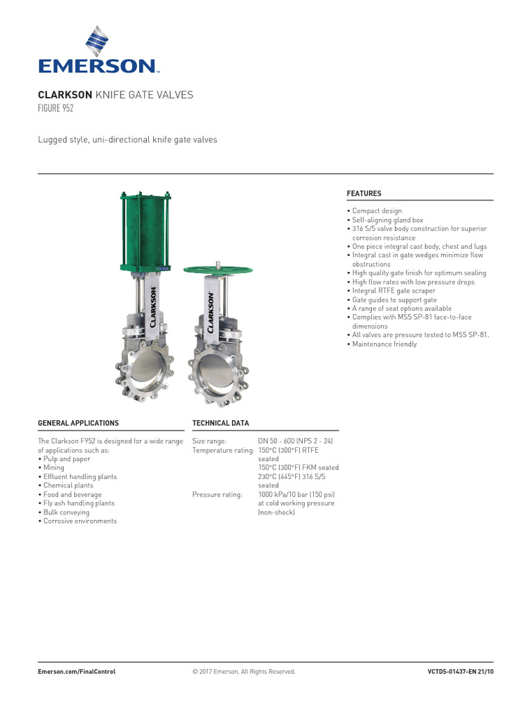 Data Sheets Knife Gate Valves Figure 952 Clarkson en en 5982458 | PDF | Valve | Pipe (Fluid ...