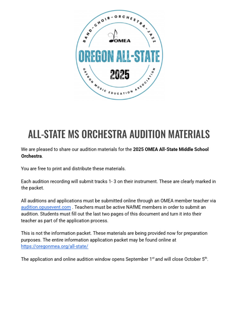 OMEA All-State MS Orchestra Auditions 2025 | PDF