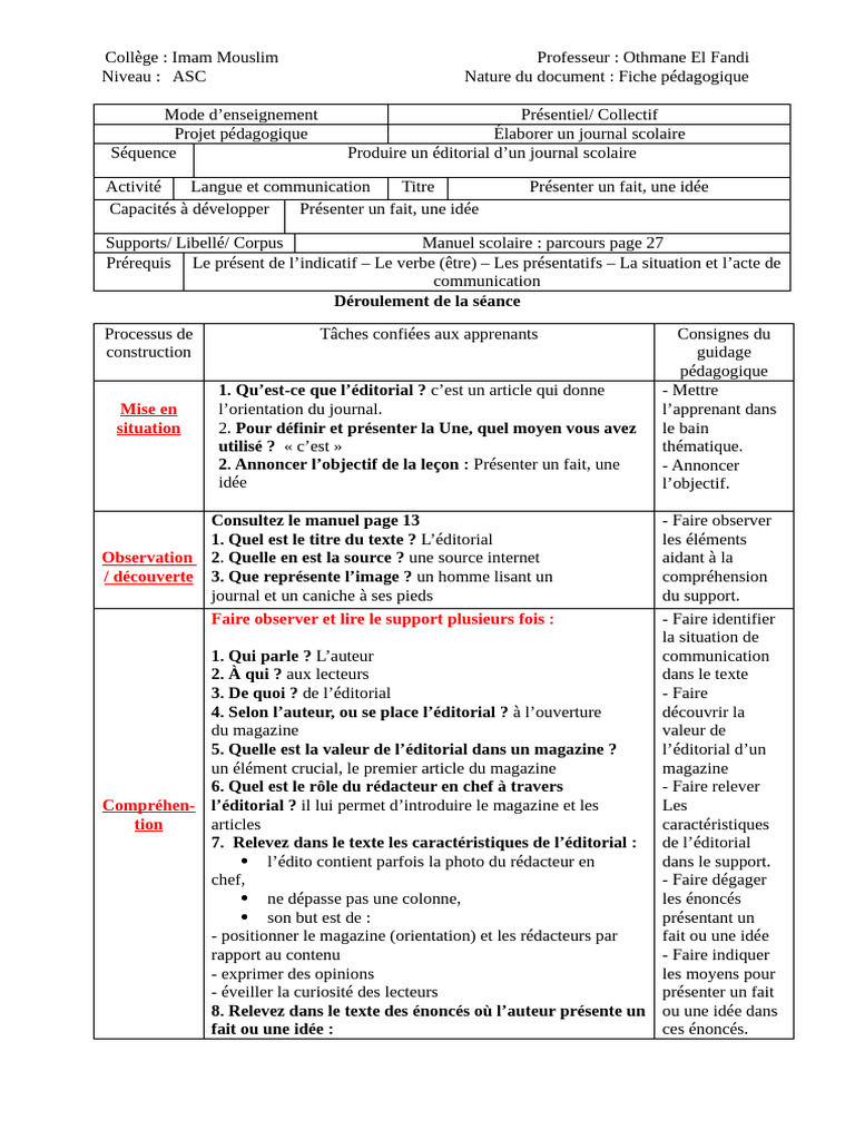 Présenter un fait ou une idée en éditorial | PDF | Pédagogie