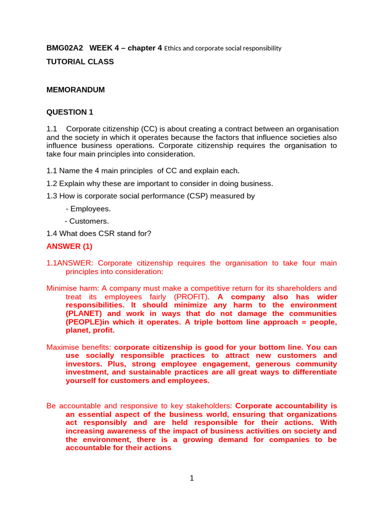 Tutorial Class Week 4 Chapter 4 BMG02A2 | PDF | Corporate Social Responsibility | Employment