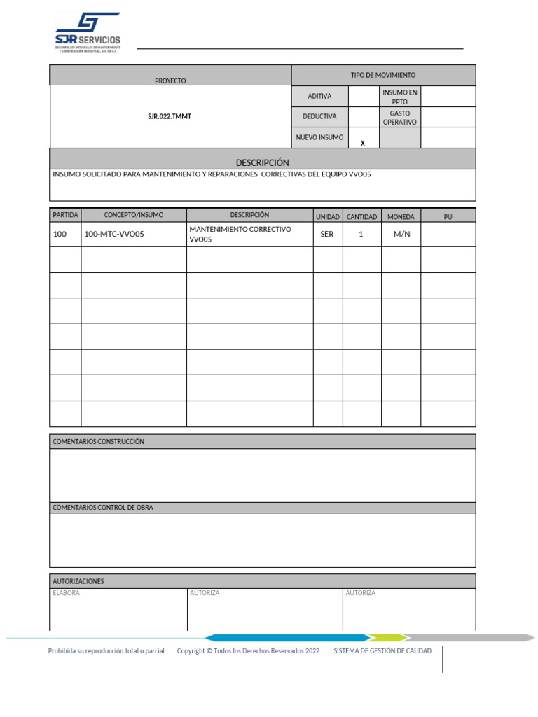 Formato Insumo Vvo05 | PDF