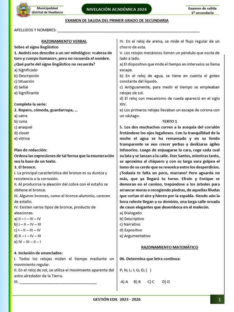 Examen 1ero Secundaria | PDF | Bronce | Rieles