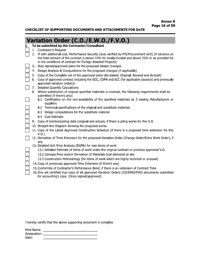 Checklist Variation Order | PDF