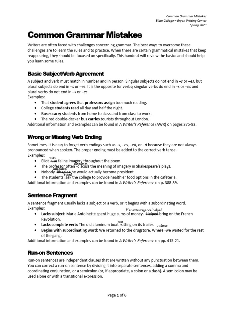 Common Errors in English Grammar Exercises 20 Questions | PDF | Comma | Syntactic Relationships