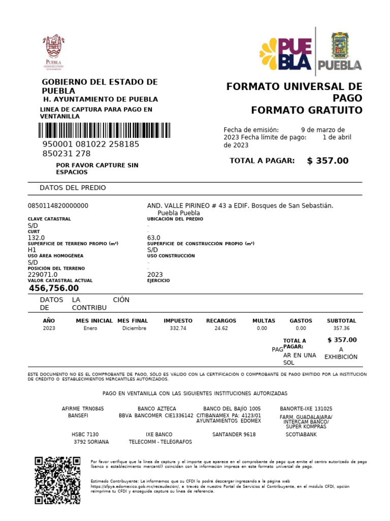 Boleta Predial Puebla 2023 | PDF | Servicios financieros | Bancario