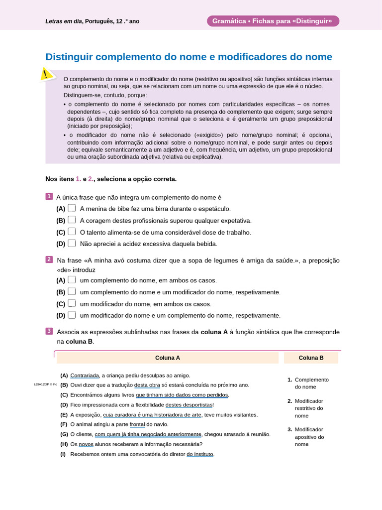Ldia12 Gramatica Distinguir Complemento Modificador Nome | PDF