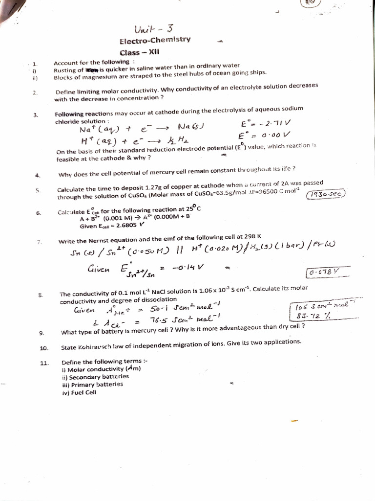 Assignment - Electrochemistry | PDF | Electrochemistry | Physical Chemistry