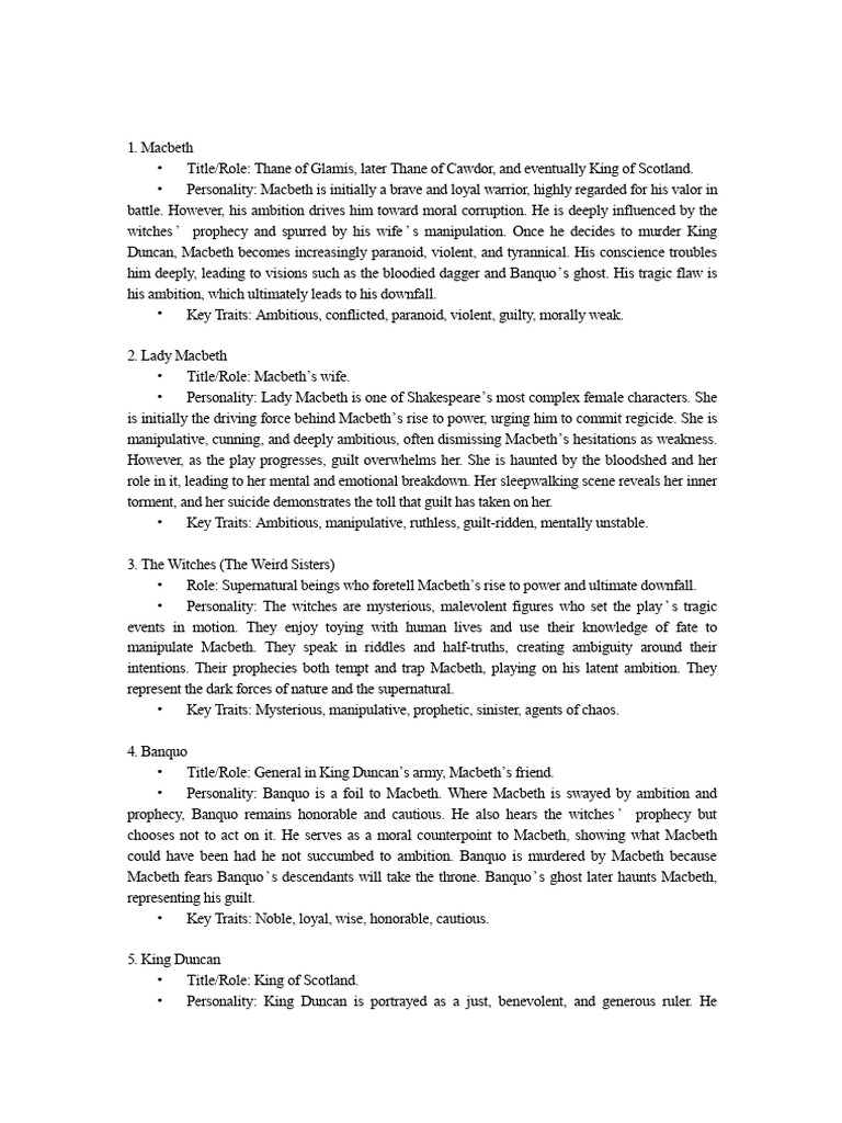 Macbeth Character Sketches | PDF | Macbeth | Shakespearean Tragedies
