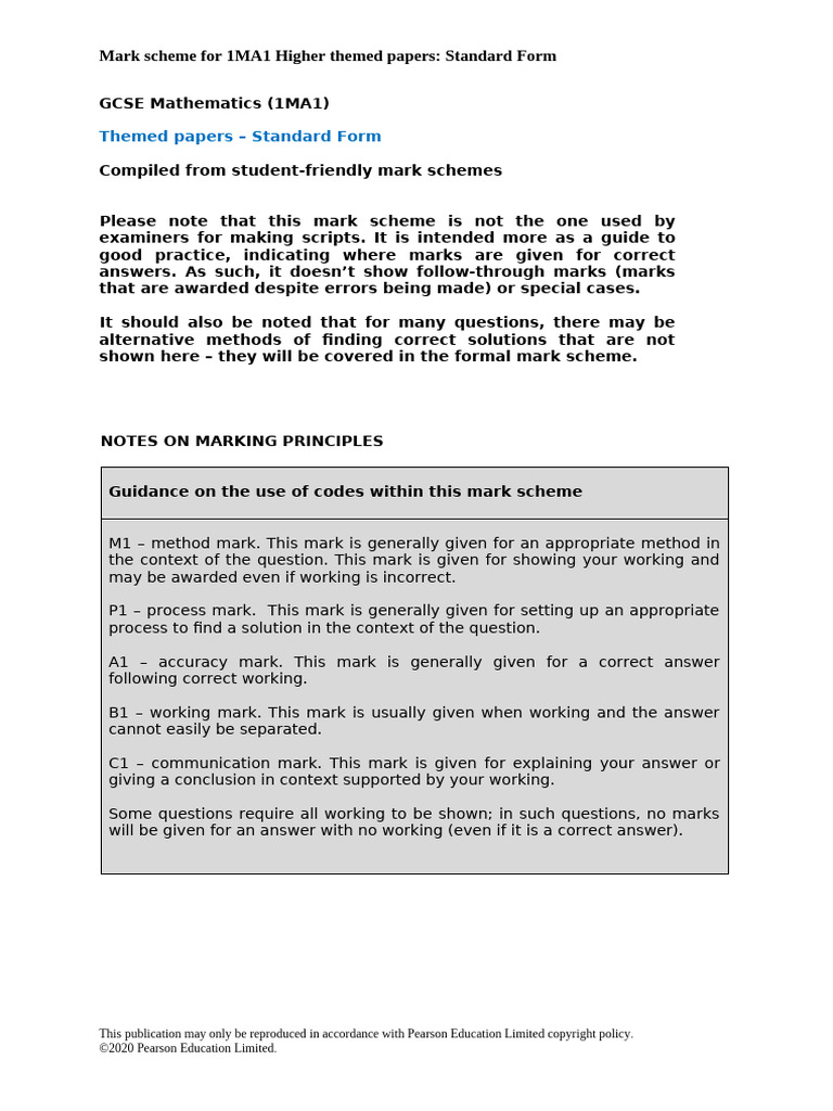 43b Standard Form - H - Mark Scheme | PDF