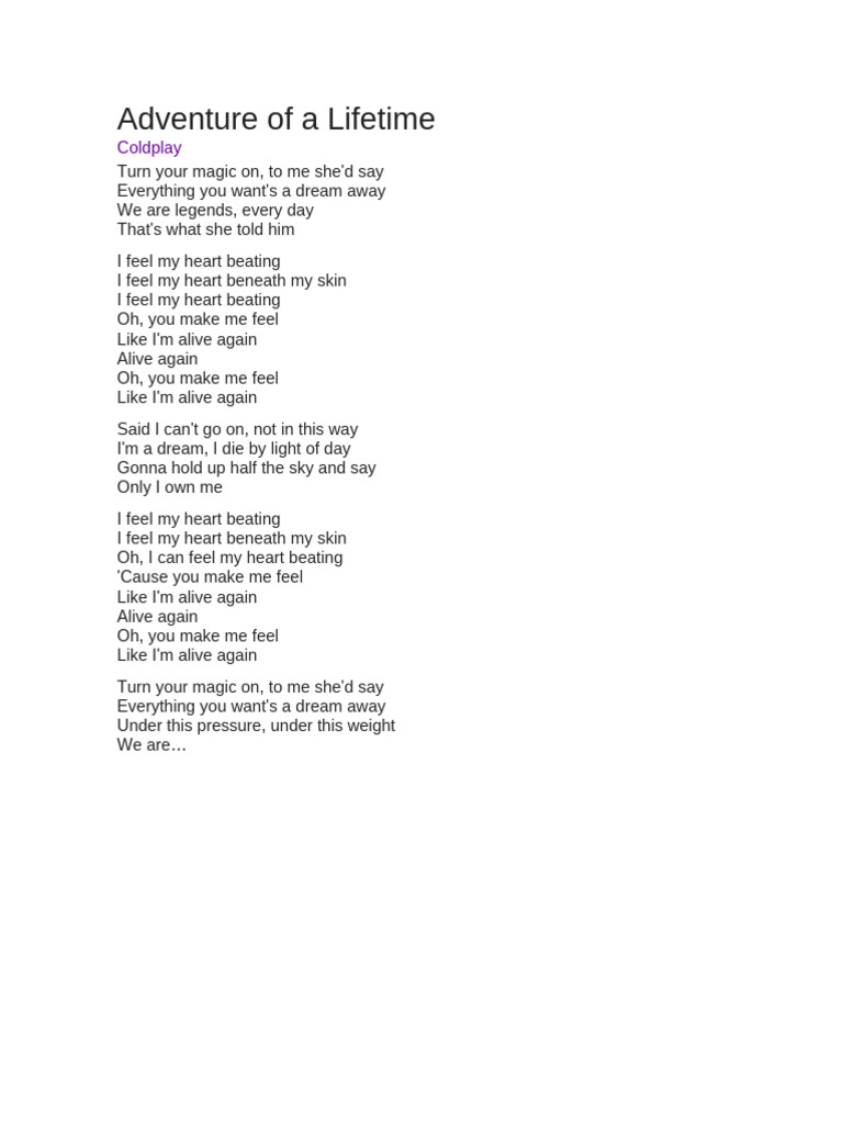 Coldplay's "Adventure of a Lifetime" Lyrics | PDF