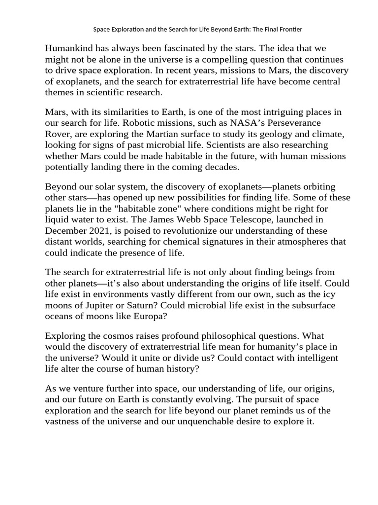 Space Exploration and The Search For Life Beyond Earth The Final ...