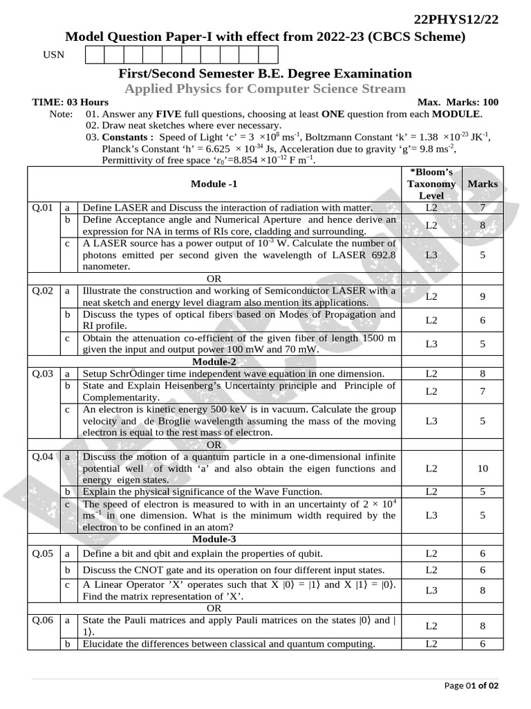 22PHYS12 22 Model Set 1 Paper | PDF | Electron | Laser
