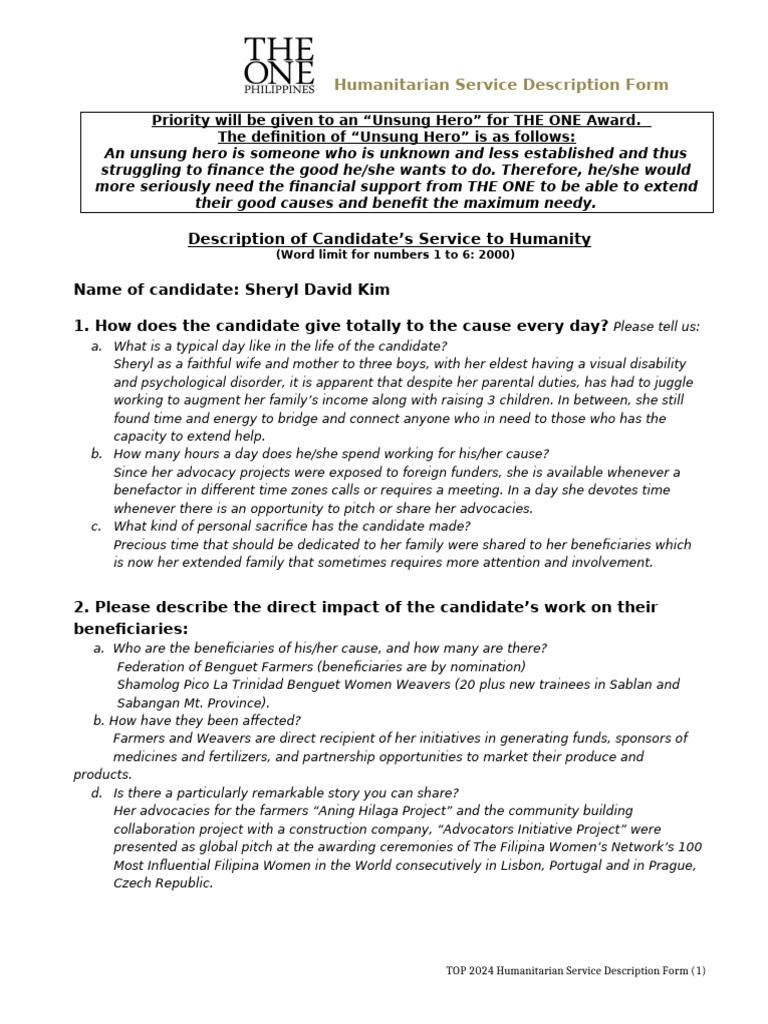 Unsung Hero Humanitarian Service Form | PDF
