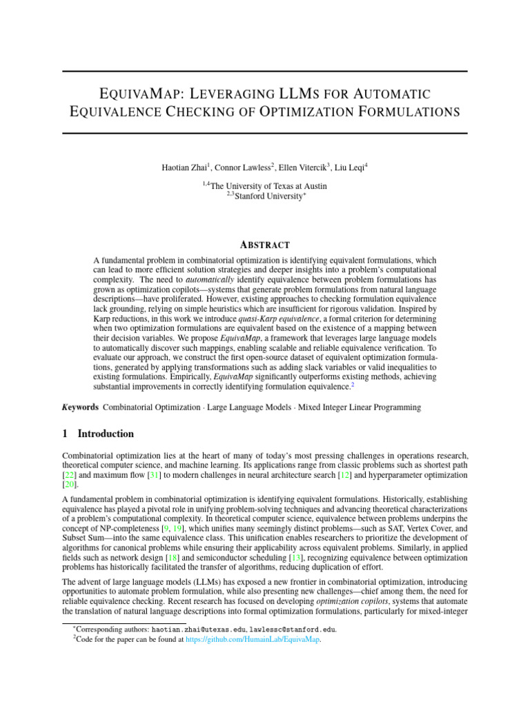 EQUIVAMAP: LEVERAGING LLMS FOR AUTOMATIC EQUIVALENCE CHECKING OF OPTIMIZATION FORMULATIONS | PDF ...