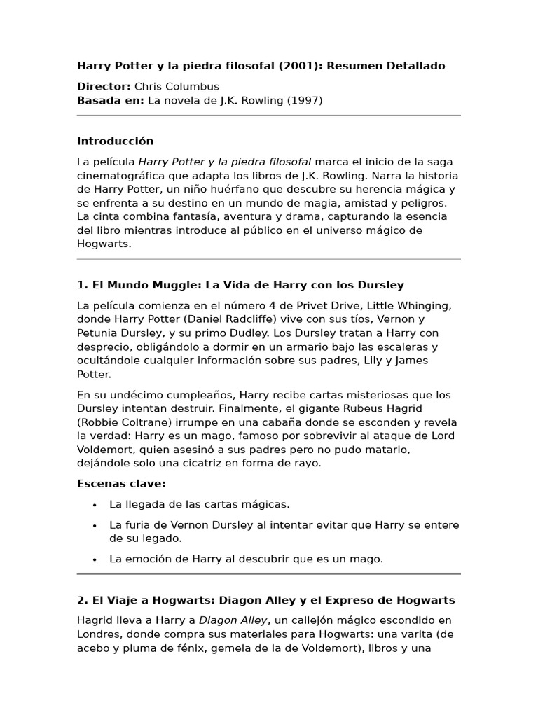 Resumen de "Harry Potter y la piedra filosofal" | PDF | Harry Potter ...