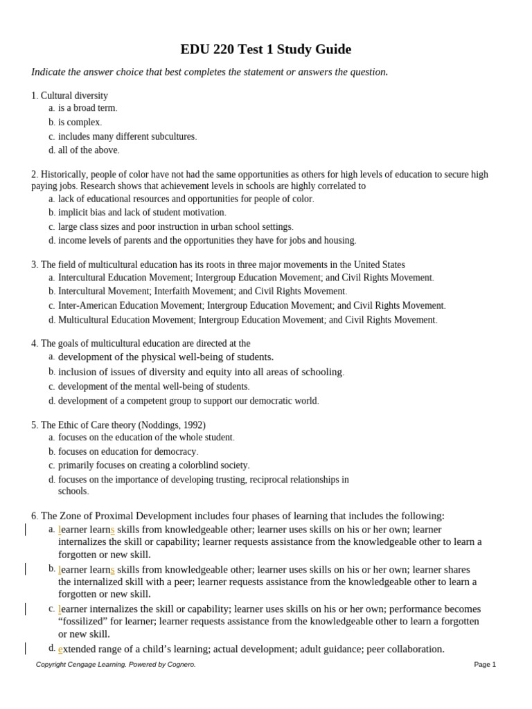 EDU 220 Test 1 Study Guide | PDF | Learning | Teachers