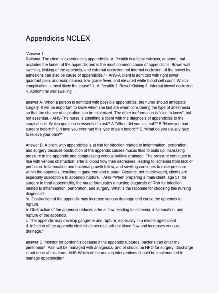 Appendicitis NCLEX | PDF | Gastroenterology | Medical Specialties