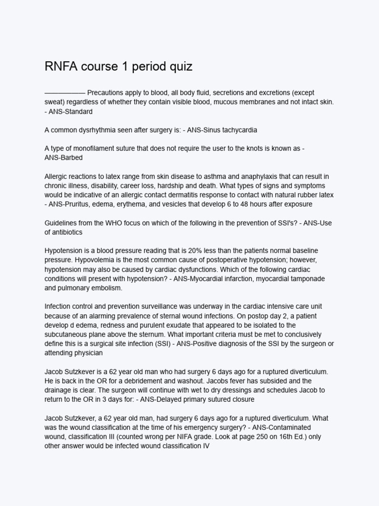 RNFA Course 1 Period Quiz | PDF | Anesthesia | Surgical Suture