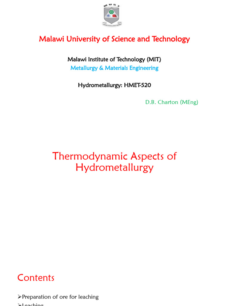 Lecture 2 - HMET-520-Thermodynamic Aspects of Hydrometallurgy (Leaching) | PDF | Gibbs Free ...