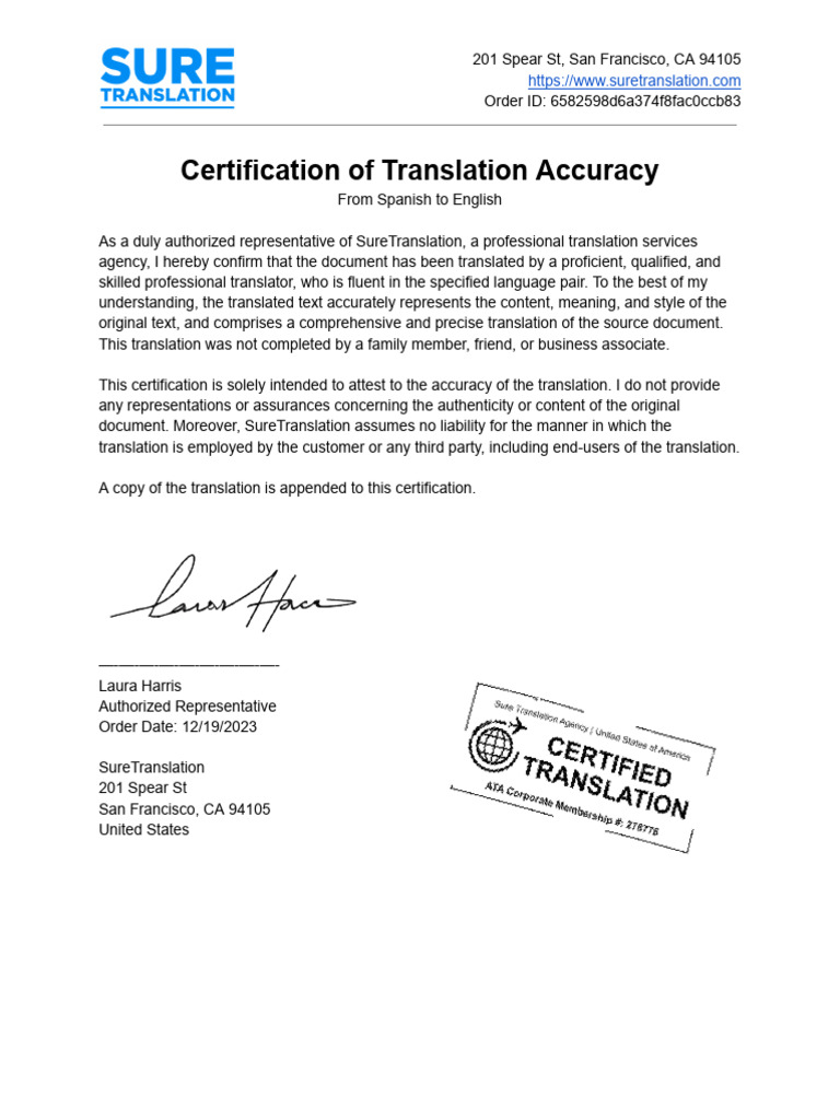 Certification of Translation Accuracy | PDF