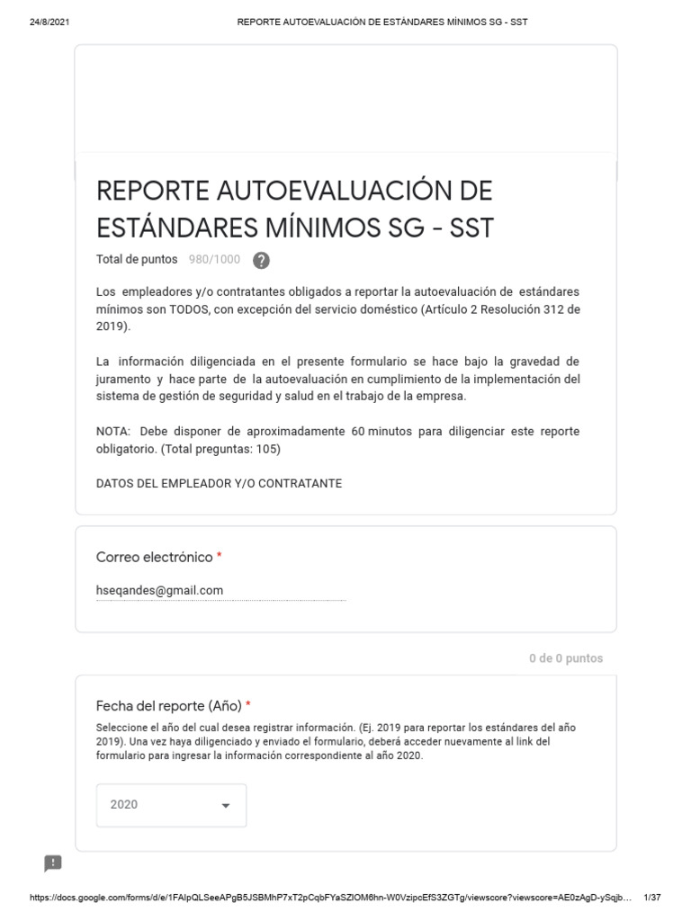 Reporte Autoevaluación de Estándares Mínimos SG - SST 2020 | PDF