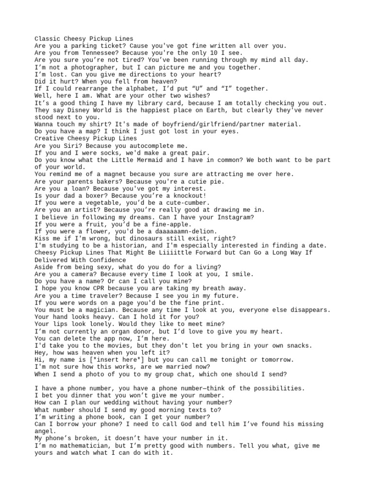Cheesy Pickup Lines for Every Occasion | PDF