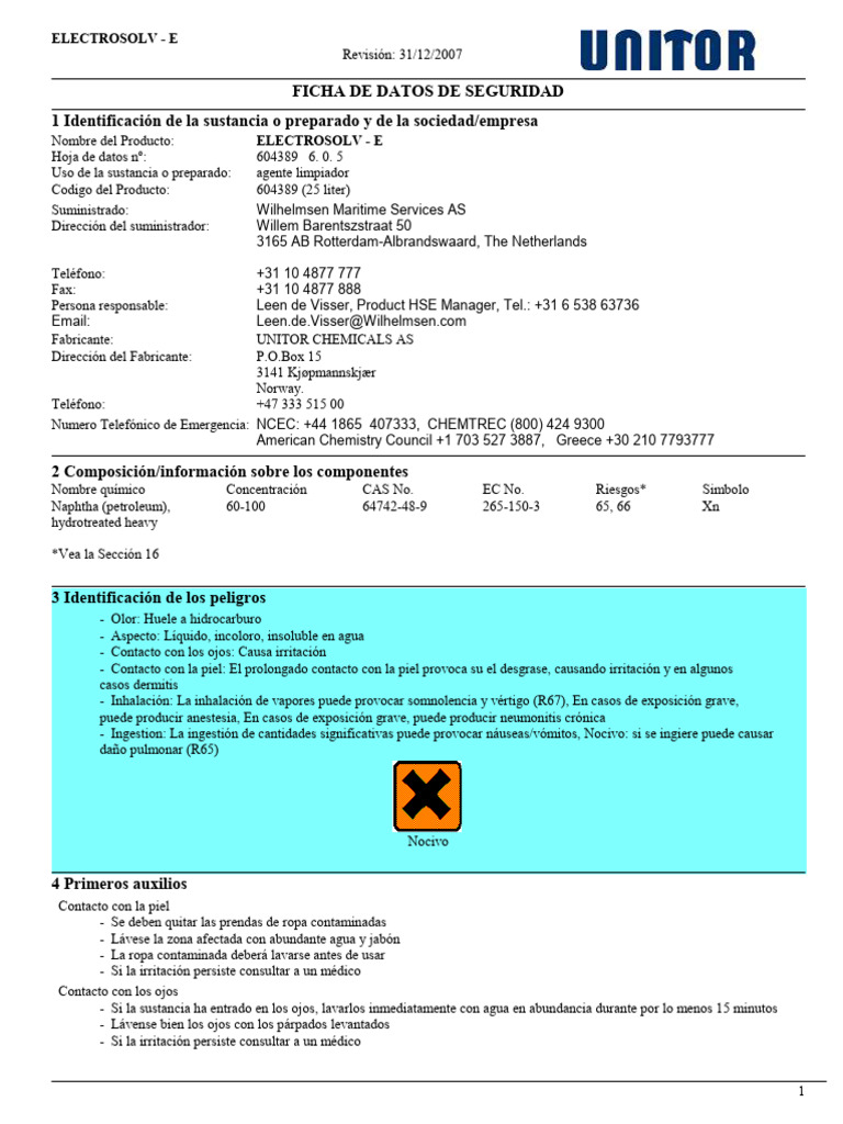 Ficha de Seguridad de Electrosolv-E | PDF | Química