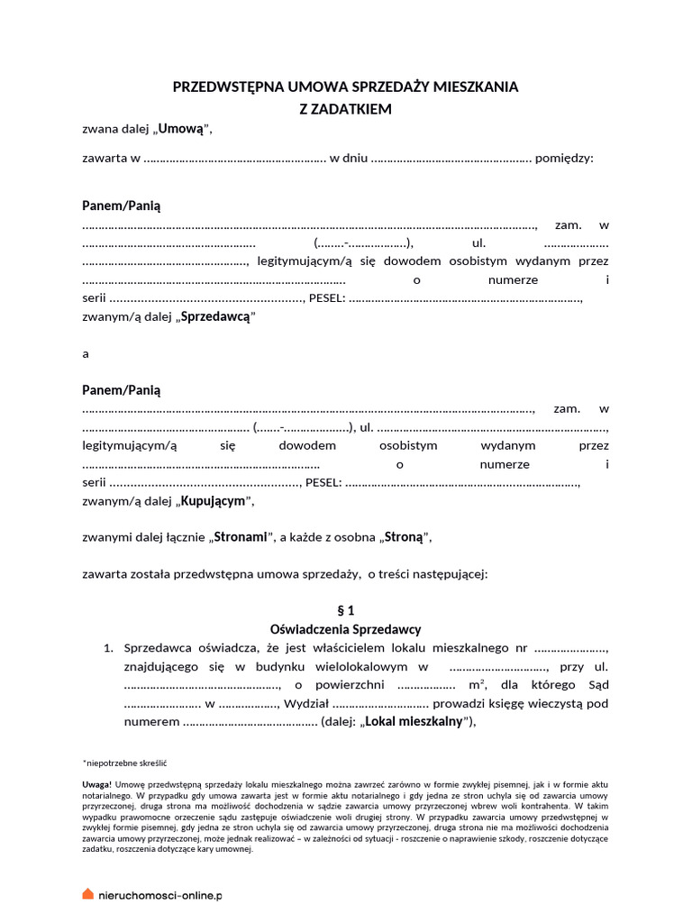 Przedwstepna Umowa Sprzedazy Mieszkania z Zadatkiem | PDF Przedwstepna Umowa Sprzedazy Mieszkania z Zadatkiem | PDF