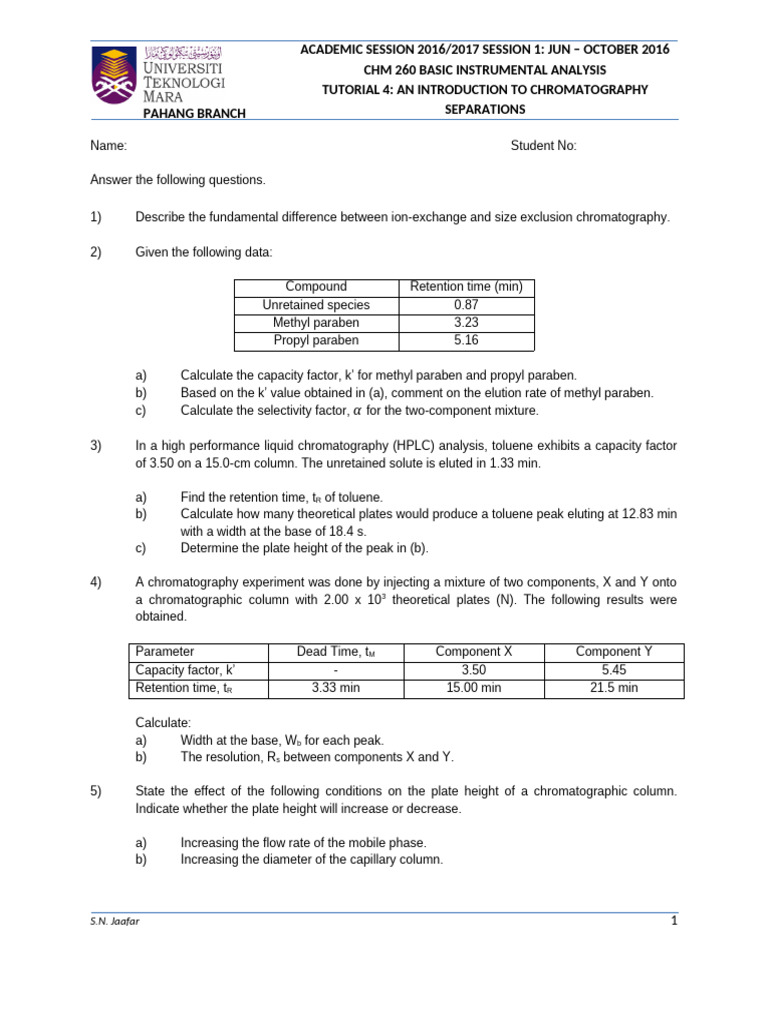 Tutorial 4 CHM260 | PDF | Chromatography | High Performance Liquid ...
