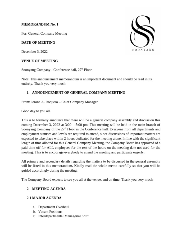 General Meeting Announcement Memo | PDF | Memorandum