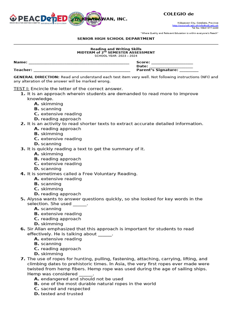 Senior High Reading Skills Assessment | PDF | Essays | Paragraph