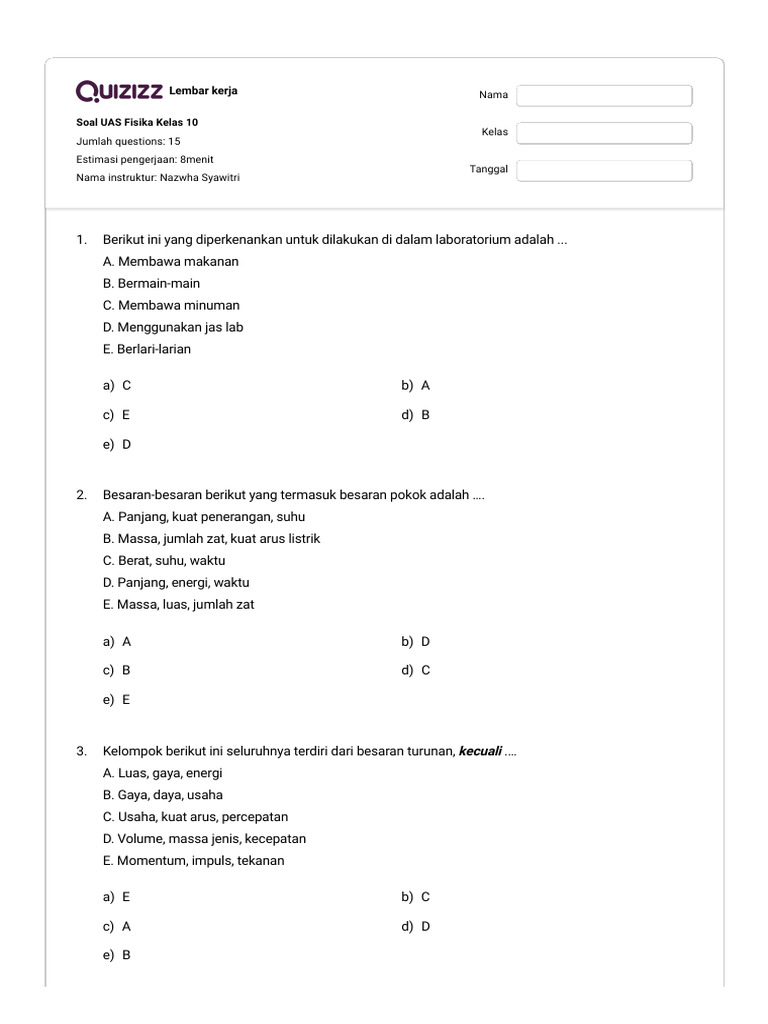 Soal UAS Fisika Kelas 10 - Quizizz | PDF