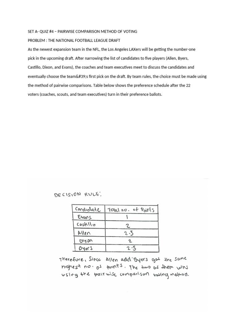 NFL Draft Pairwise Comparison Quiz | PDF