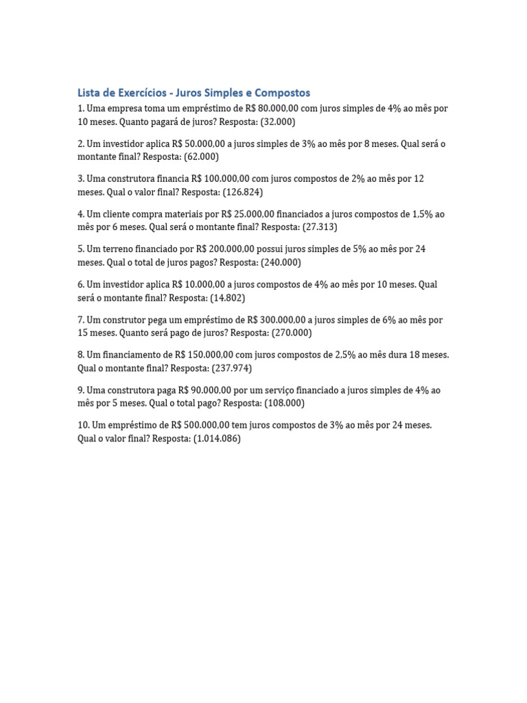 Juros Lista Exercicios | PDF