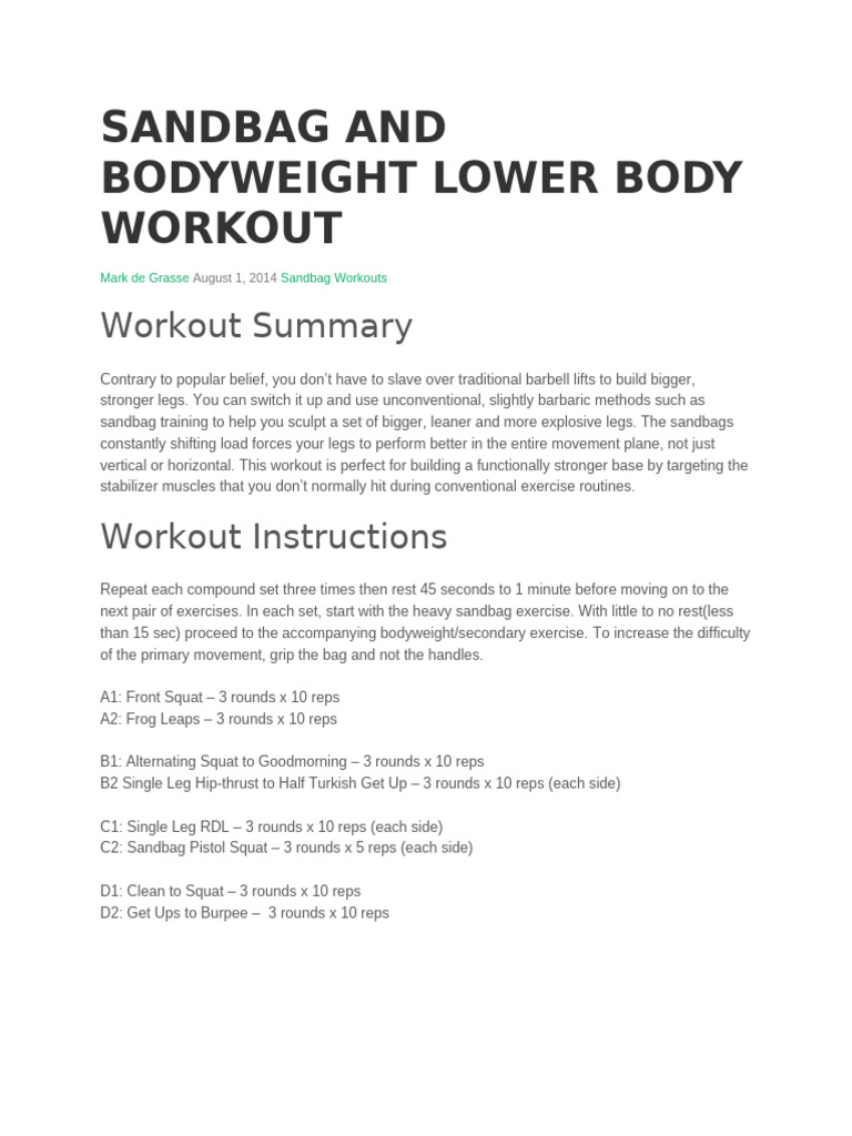 Sandbag and Bodyweight Lower Body Workout | PDF