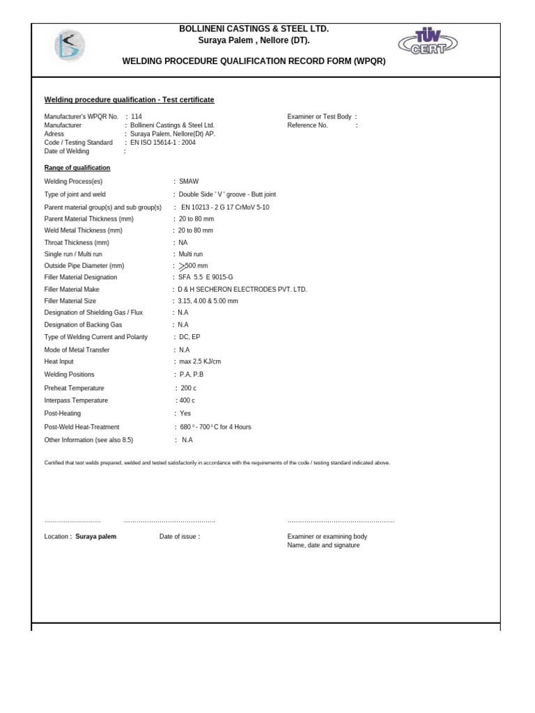 WPQR for SMAW at Bollineni Castings | PDF | Welding | Construction
