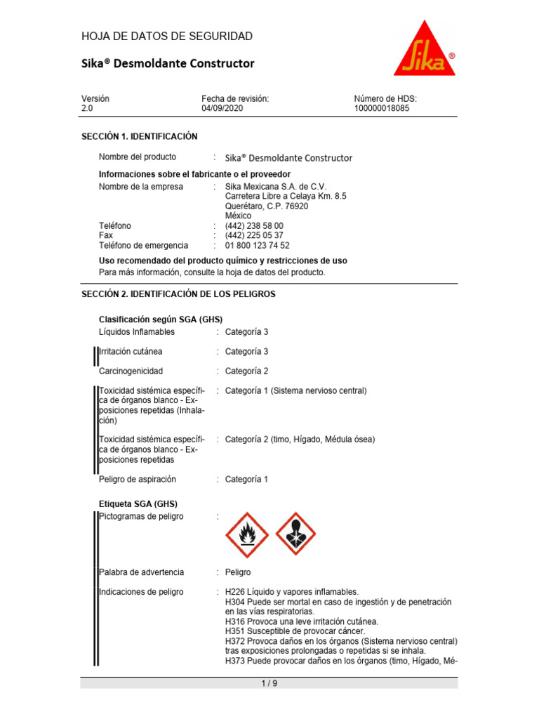 Sika® - Hoja de Seguridad Sika® Desmoldante Constructor | PDF | Compuesto orgánico volátil
