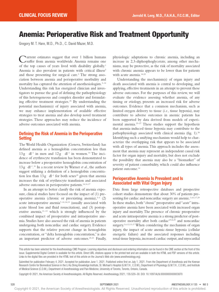 2021 Anemia Perioperative Risk and Treatment Opportunity | PDF | Anemia ...
