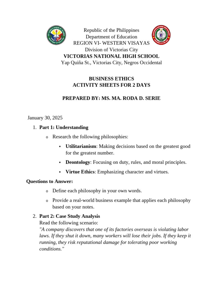 Activity For 2 Days Business Ethics - 112451 | PDF