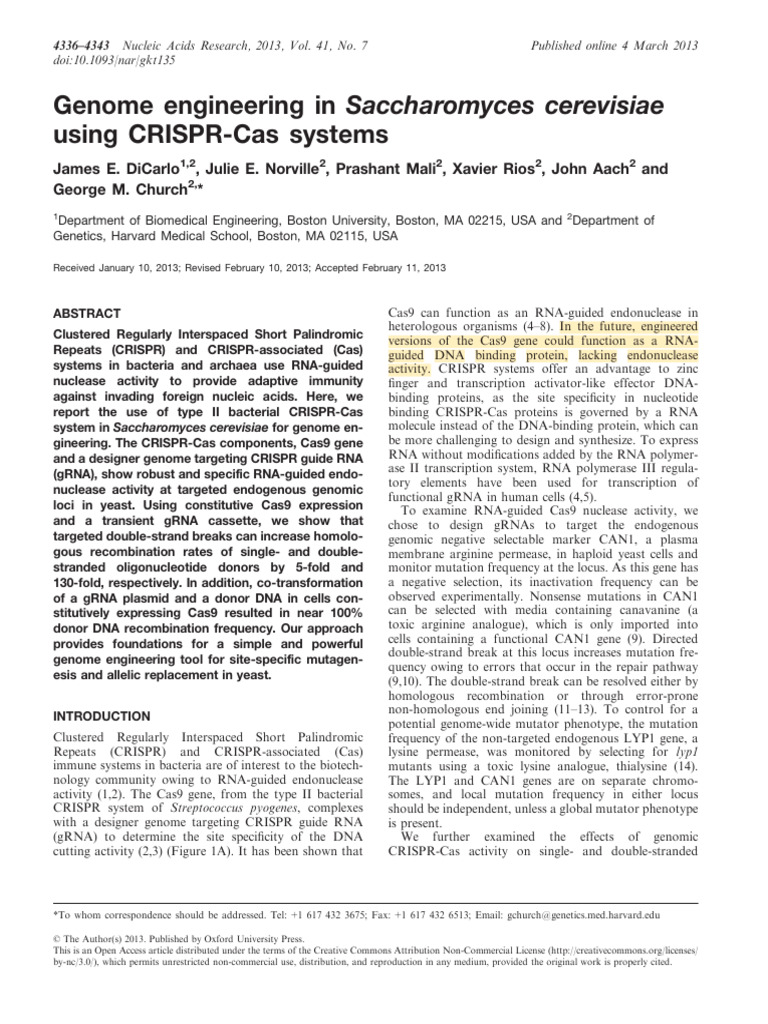 Nucl. Acids Res.-2013-DiCarlo-4336-43 | PDF | Crispr | Gene