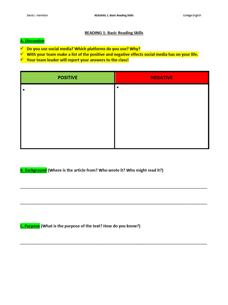 Reading 1 - Basic Reading Skills Worksheet | PDF | Psychology | Behavioural Sciences