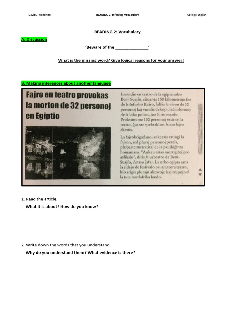 Reading 2 - Vocabulary Worksheet | PDF | Linguistics