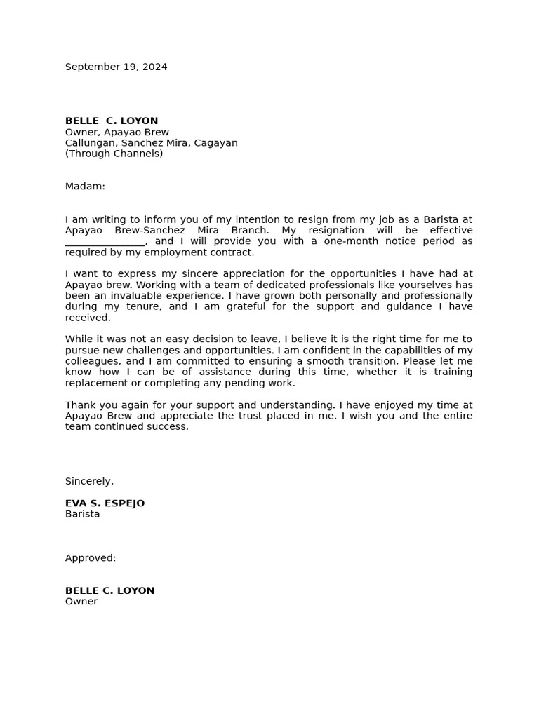 Resignation Letter of Eva | PDF