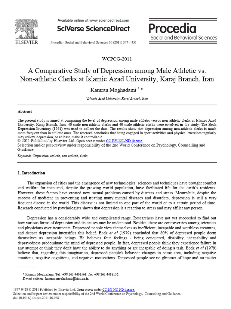 A Comparative Study of Depression Among Male Athletic 2011 Procedia ...