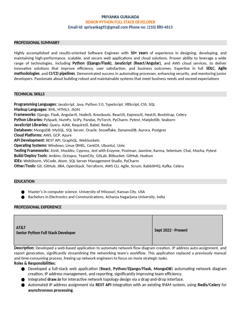 Priyanka - Python - KA Resume | PDF | Ajax (Programming) | Cloud Computing